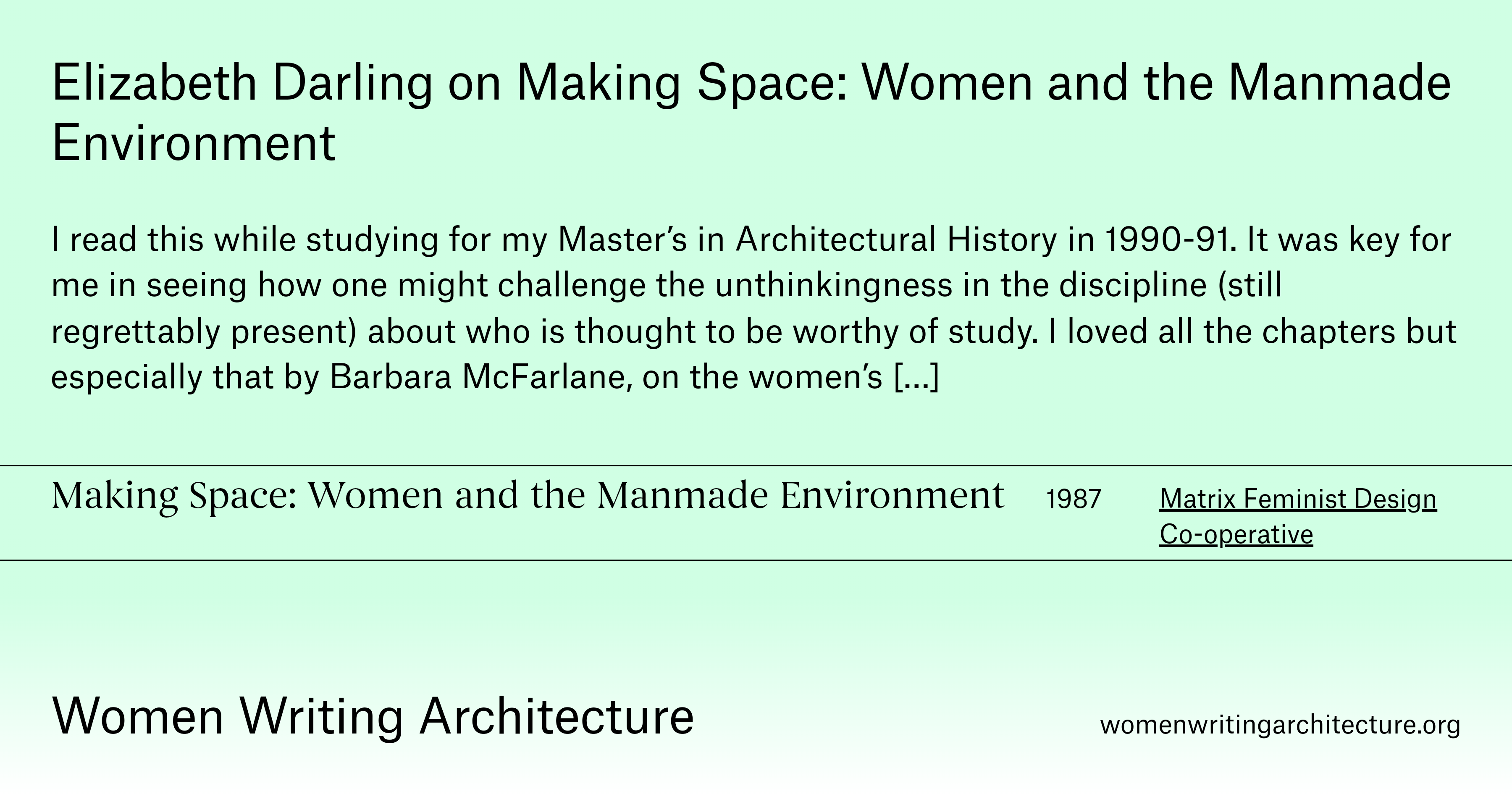 Elizabeth Darling on Making Space: Women and the Manmade Environment ...